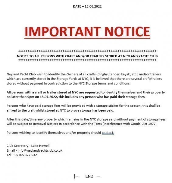IMPORTANT NOTICE - BOAT PARKING -REMOVAL OF UNPAID CRAFT | Neyland ...